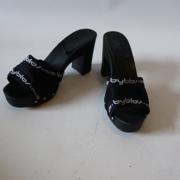 Byblos | Shoes | Byblos Black Wooden Heel Sandals Wfabric Logo | Poshmark